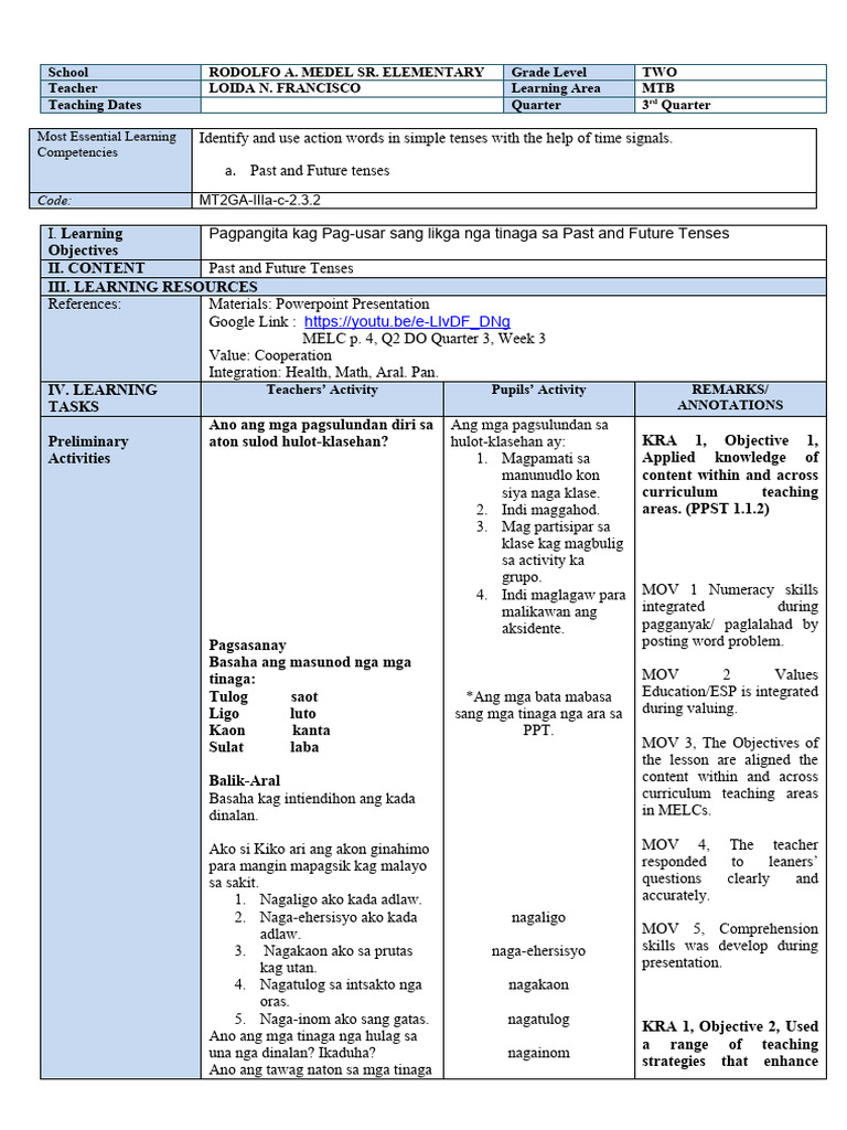 COT LESSON PLAN MTB 3rd Quarter PORTRAIT | PDF