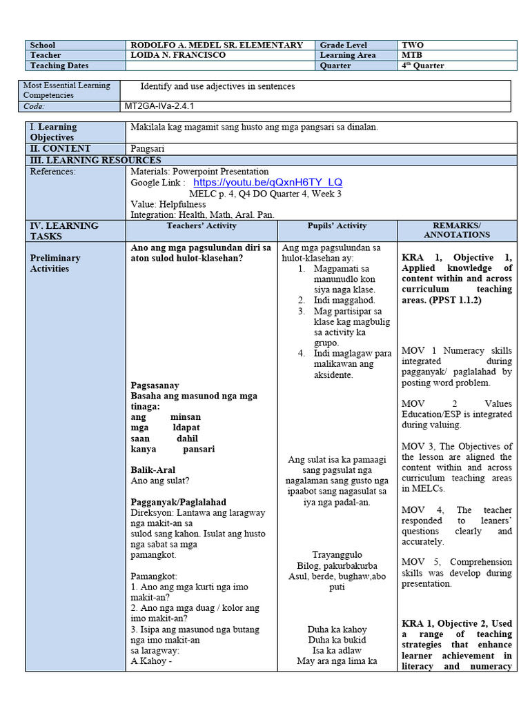 COT LESSON PLAN MTB 4TH Quarter PORTRAIT | PDF | Teachers | Learning
