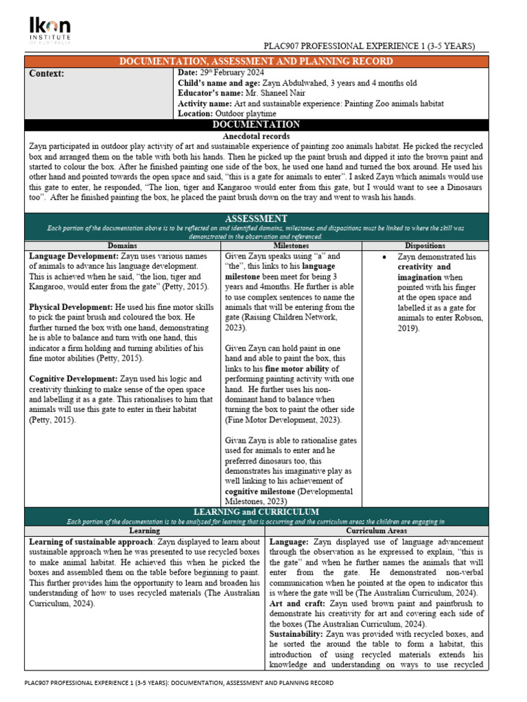 Plac907 Dap Record 2023 Child 1 | PDF | Pedagogy | Experience