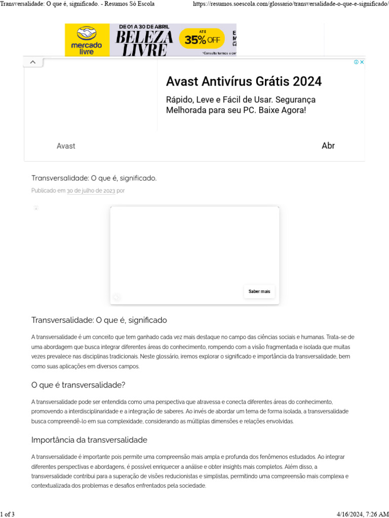 Transversalidade O Que É, Significado. - Resumos Só Escola | PDF ...