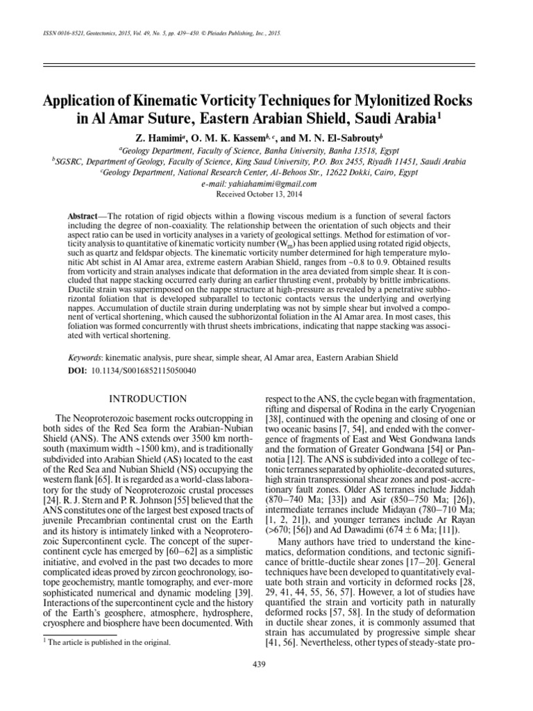 Application of Kinematic Vorticity Techniques For Mylonitized Rocks in Al Amar Suture, Eastern ...