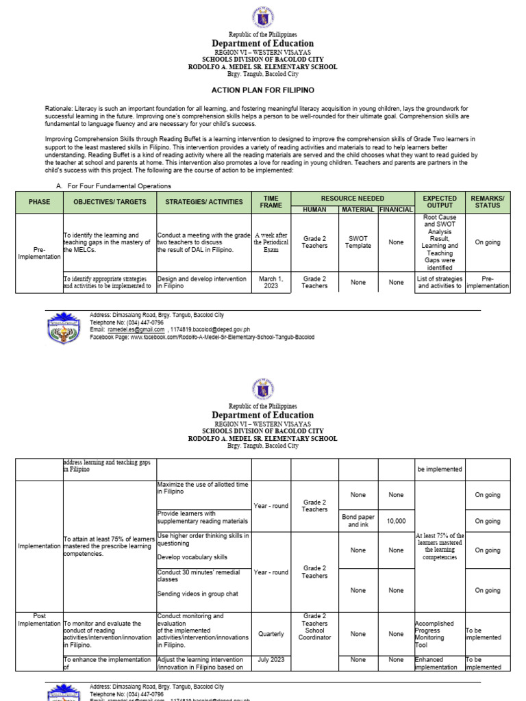 ACTION PLAN Grade 2 Filipino2 | PDF | Reading Comprehension | Teachers