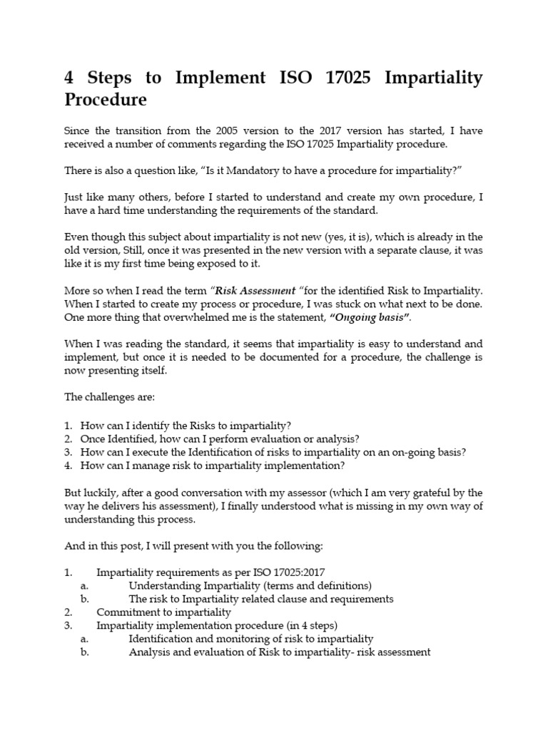 4 Steps To Implement ISO 17025 Impartiality Procedure | PDF | Risk | Risk Management