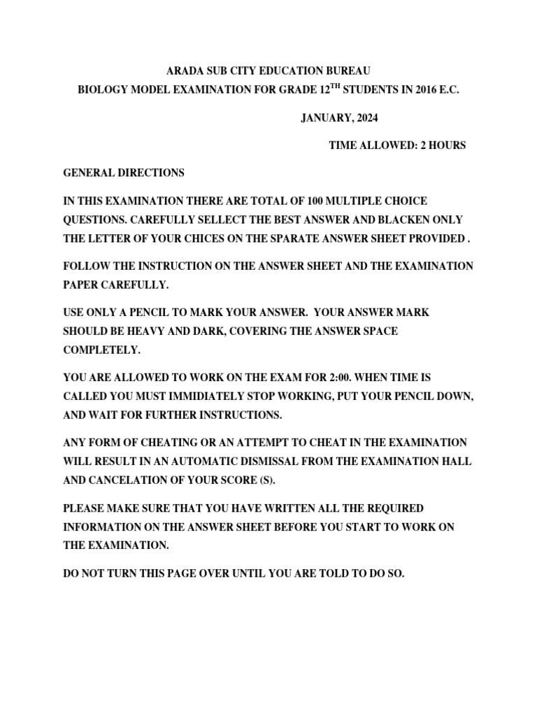 Grade 12 Biology Model Exam 2024 | PDF | Diet & Nutrition | Chemistry