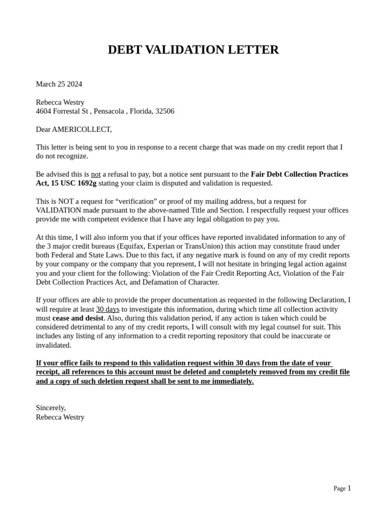 Debt Validation Letter | PDF | Debt | Liability (Financial Accounting)