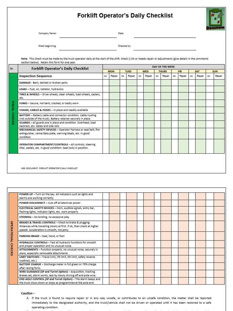 Forklift Operator Checklist