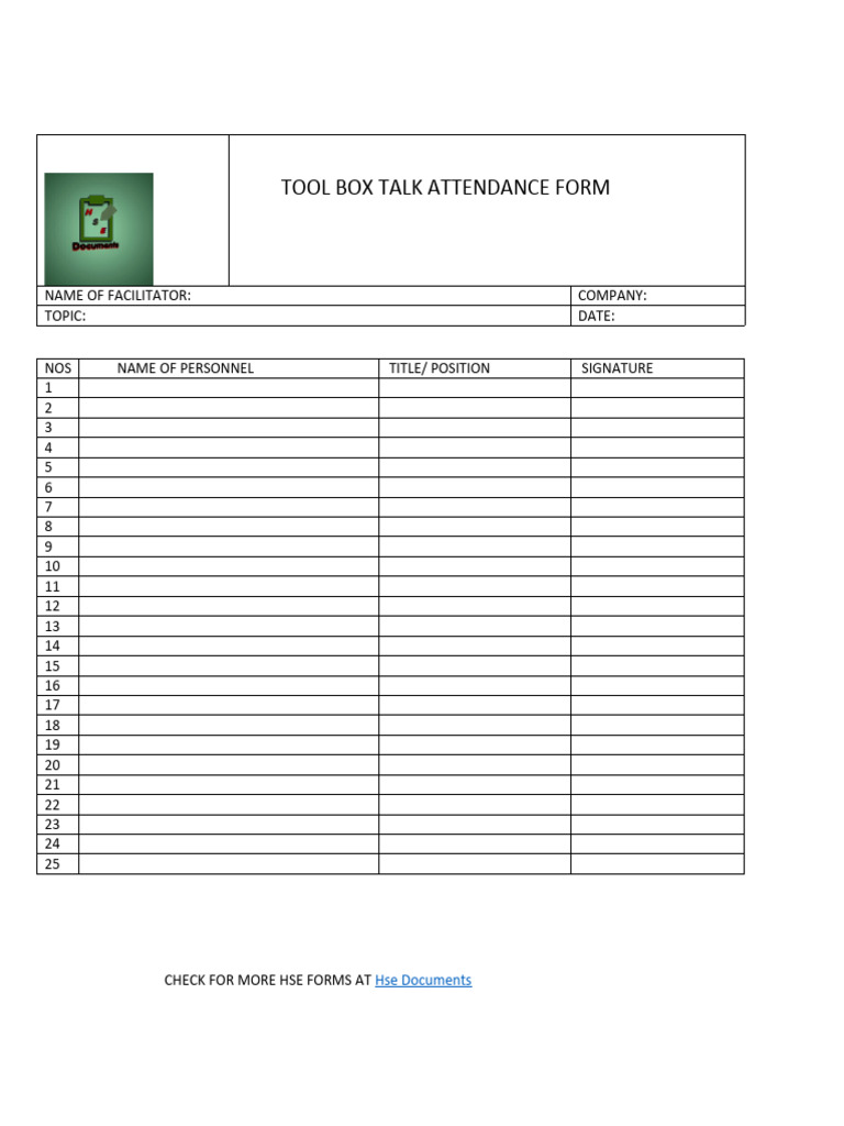 Tool Box Talk Attendance Form | PDF