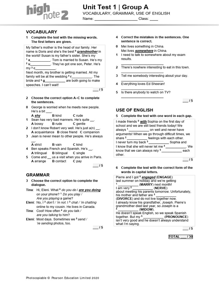 HighNote2 Unit Language Test Unit01 GroupA | PDF | Linguistics | Human ...