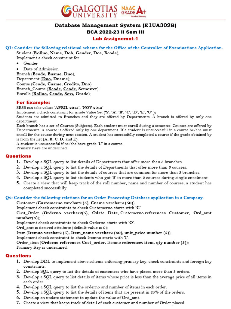 DBMS Lab Assignment-1 | PDF | Sql | Data Model DBMS Lab Assignment-1 | PDF | Sql | Data Model