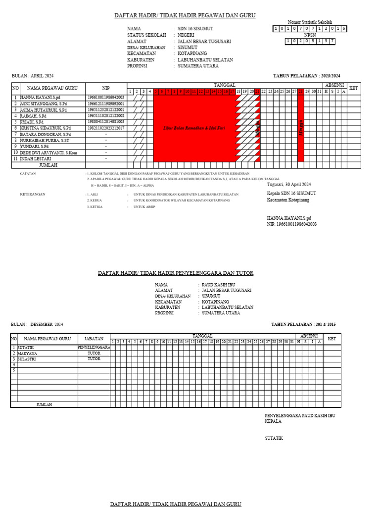 Format Absen Guru SD dan PAUD | PDF
