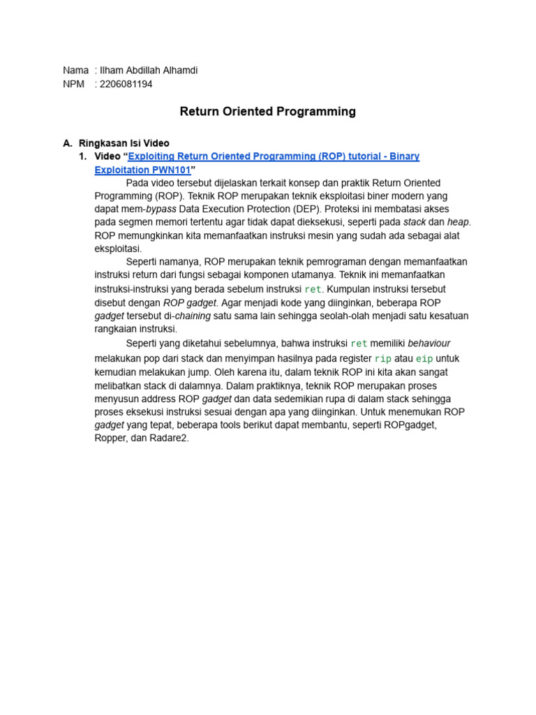 Laporan Praktik EtHack - Return Oriented Programming | PDF