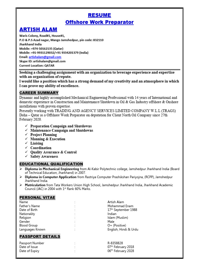 Artish Alam - Offshore Work Preparator - Resume | PDF | Safety ...