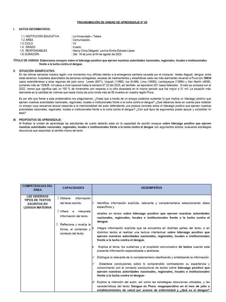 3-Unidad de Aprendizaje. 4 - 2023-Dengue | PDF | Aprendizaje | Ensayos