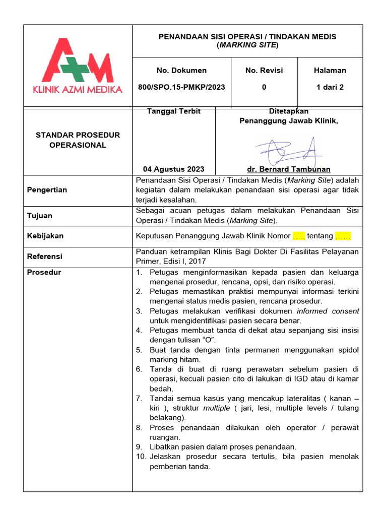 Spo Penandaan Sisi Operasi Atau Tindakan Medis (Marking Site) | PDF