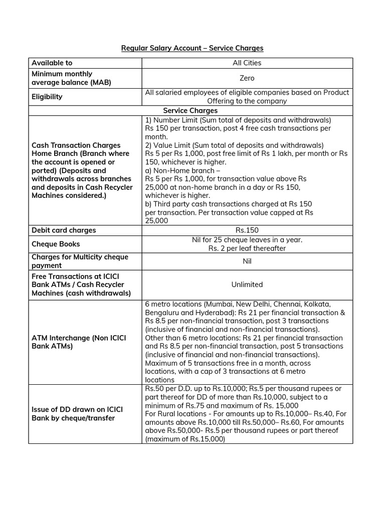 ICICI Salary Account Service Charges | PDF | Cheque | Banks