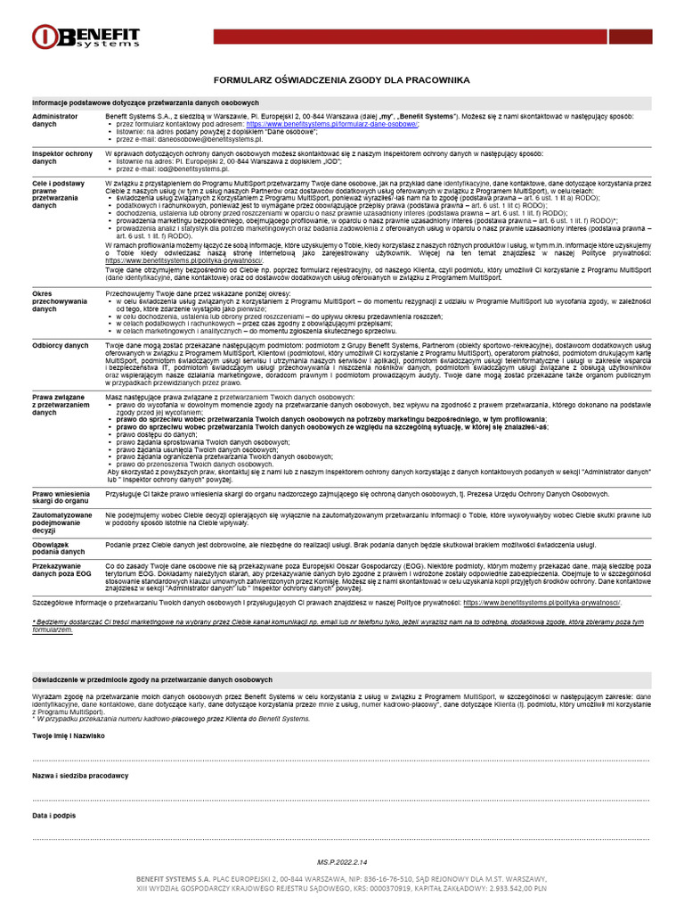 Formularz Multisport (Nowy) | PDF