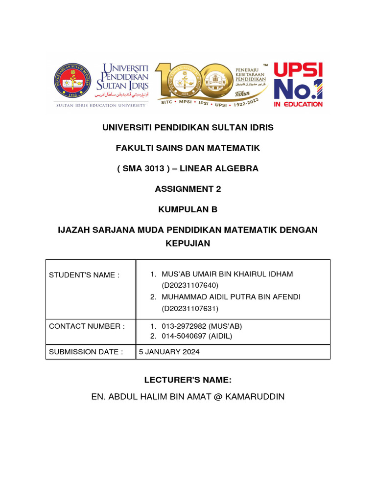 Assignment 2 LINEAR ALGEBRA | PDF | Mathematical Objects | Algebra Assignment 2 LINEAR ALGEBRA | PDF | Mathematical Objects | Algebra