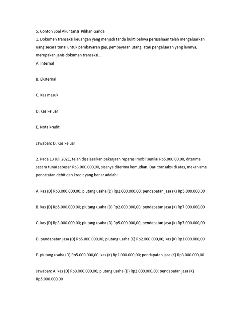 Contoh Soal Akuntansi Pilihan Ganda | PDF | Pengelolaan Keuangan & Uang