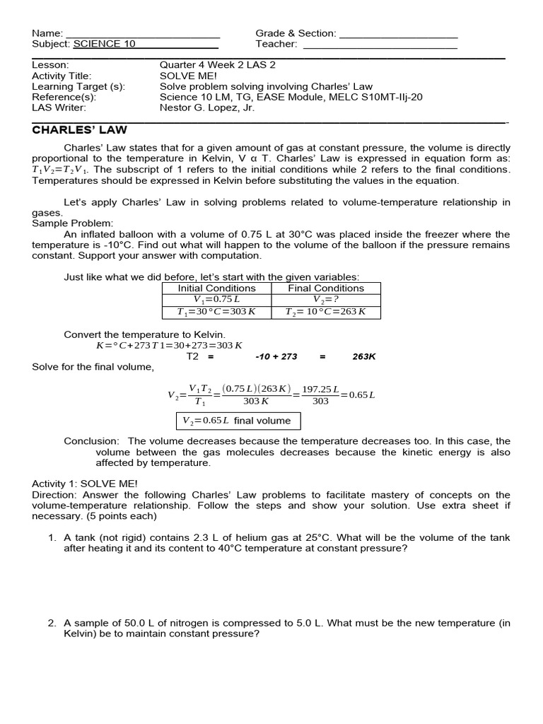 Q4 Science10 Week2 LAS2 | PDF | Gases | Temperature