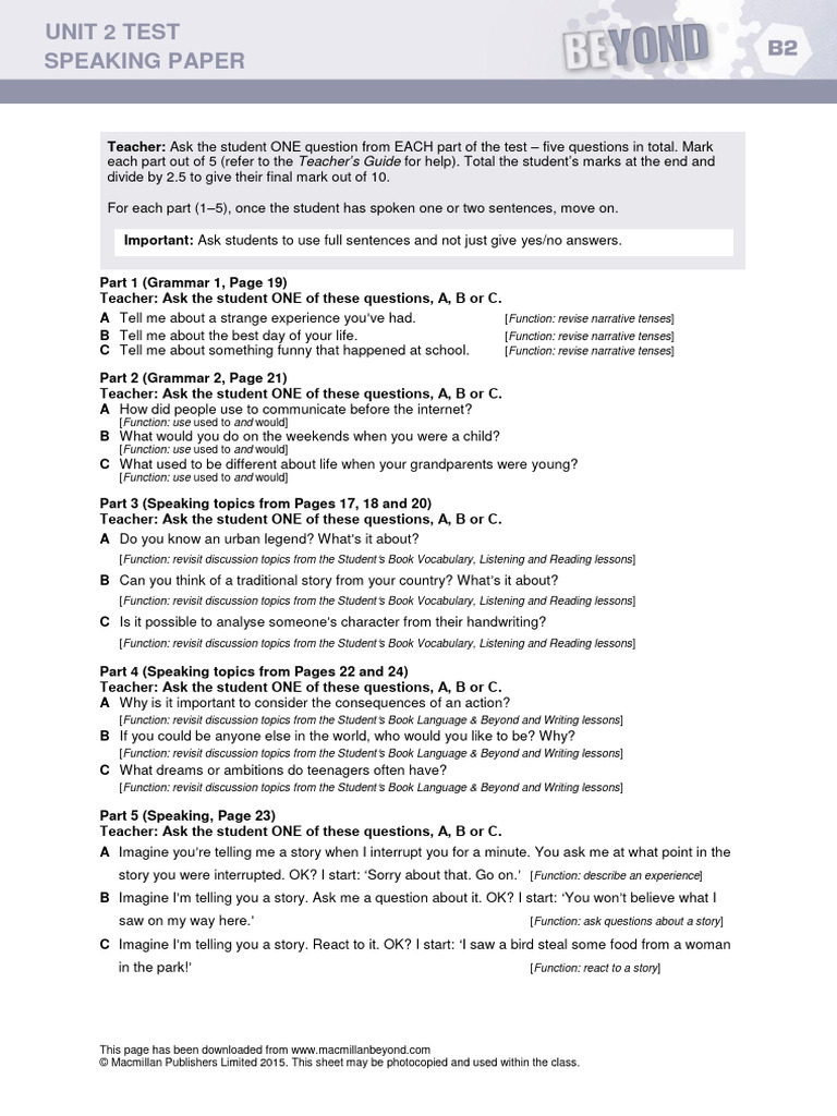 Bey B2 Unit2Test SpeakingPaper | PDF | Question | Human Communication