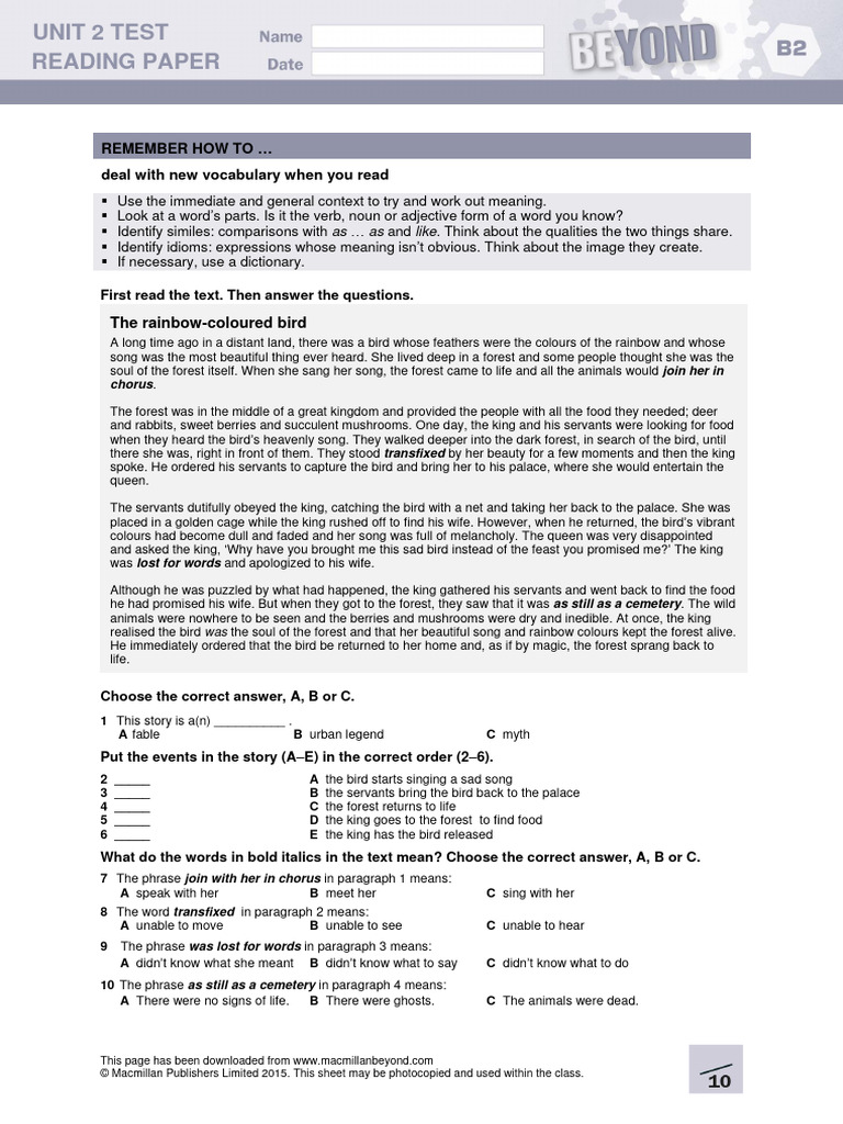 Bey B2 Unit2Test ReadingPaper | PDF | Poetry