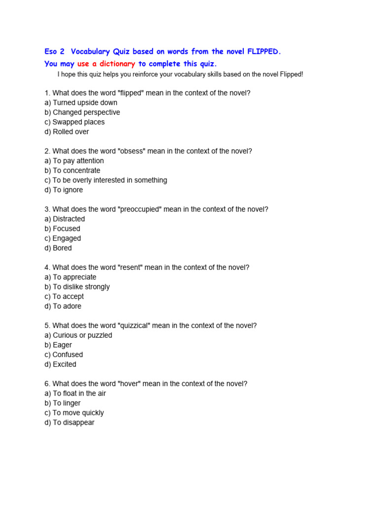 Eso 2 Vocabulary Quiz Based On Words From The Novel FLIPPED | PDF ...