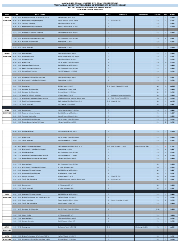 Jadwal Uts 2023-2 Fasilkom 030424 | PDF