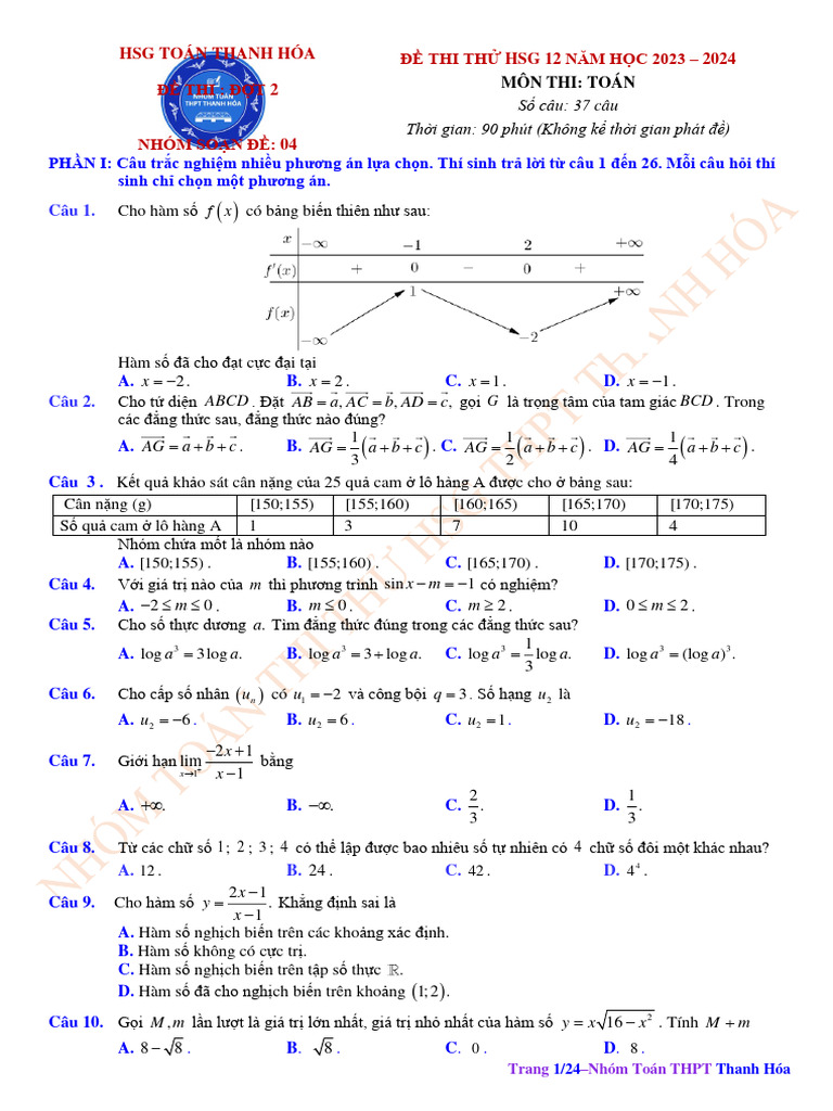 De So 2 HSG 12 Nhom Toan Thanh Hoa | PDF