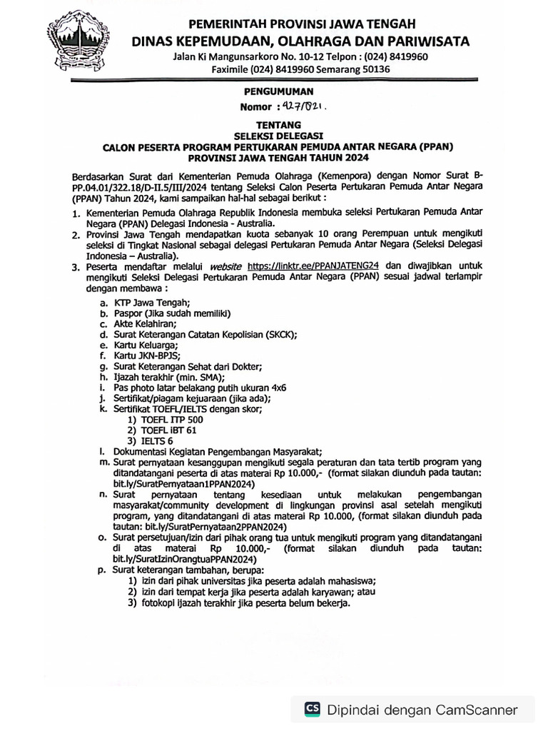 Pengumuman Seleksi Delegasi PPAN | PDF