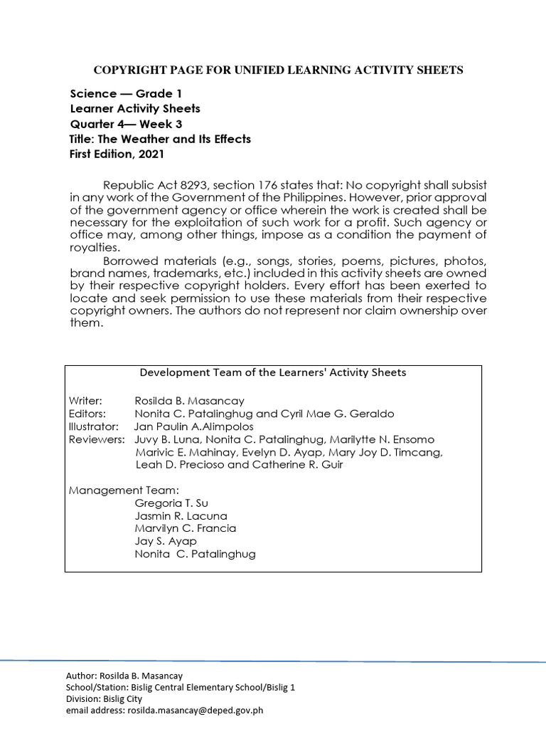 Science - Grade 1 Learner Activity Sheets Quarter 4 - Week 3 Title: The ...