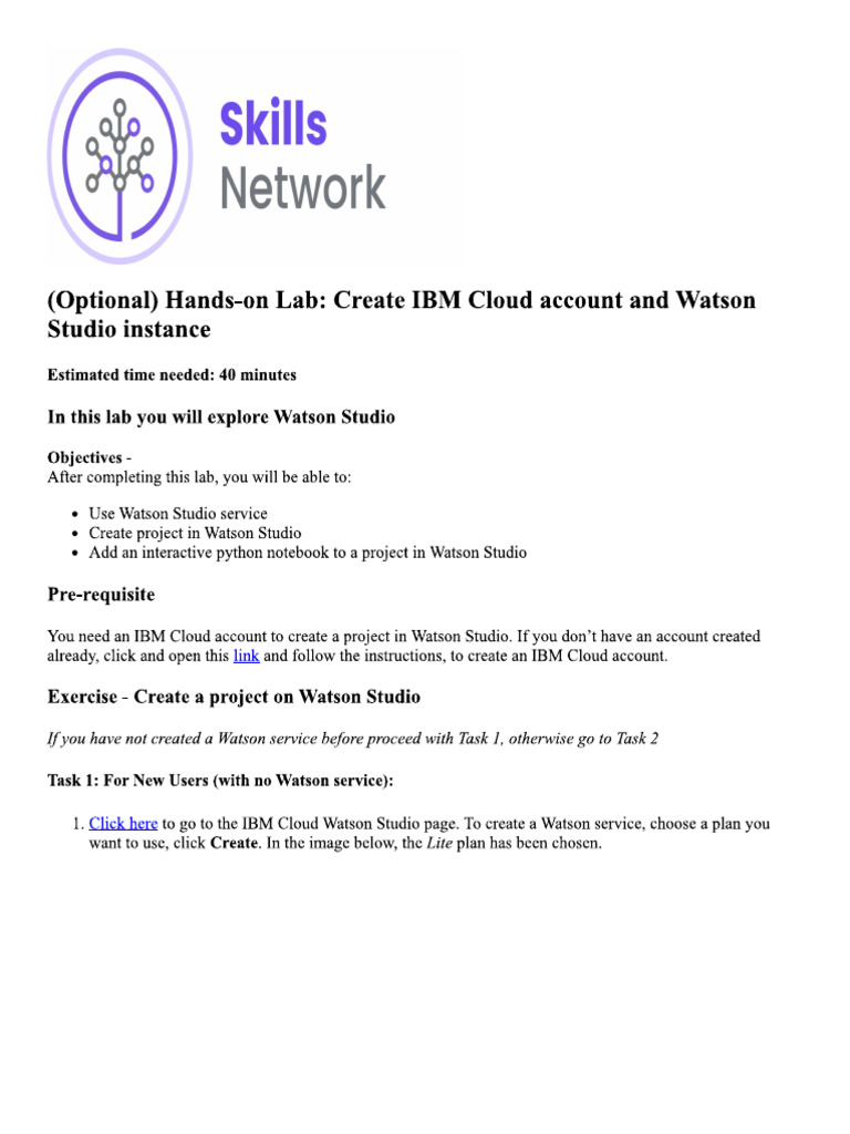 Create IBM Cloud Account and Watson Studio Instance | PDF