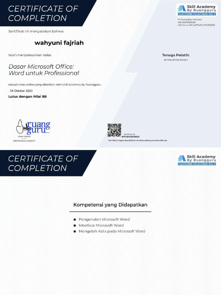 Sertifikat Pelatihan Ms. Word 2023 | PDF
