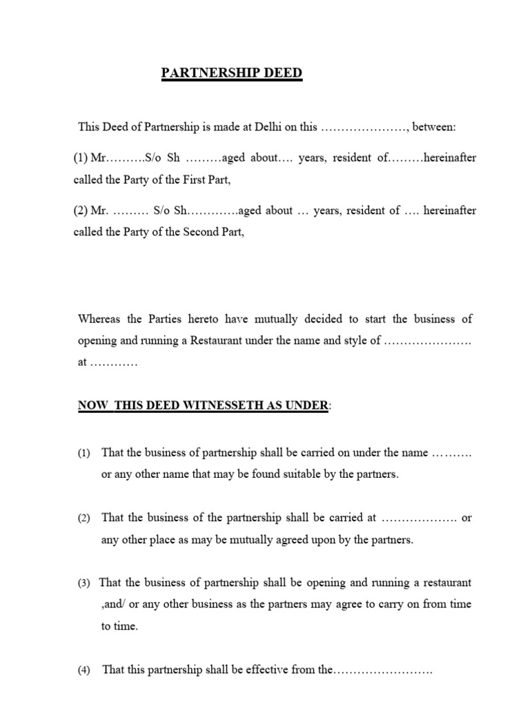 Partnership Deed Format | PDF | Partnership | Debits And Credits