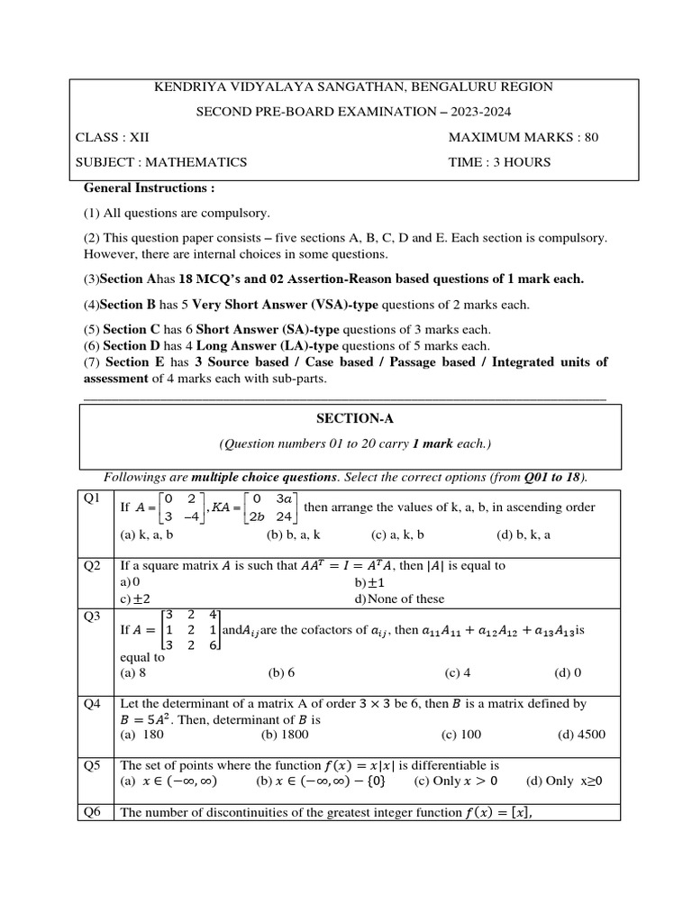 PB 2 2024 Kvsroblr Xii Maths | Download Free PDF | Equations | Function (Mathematics)