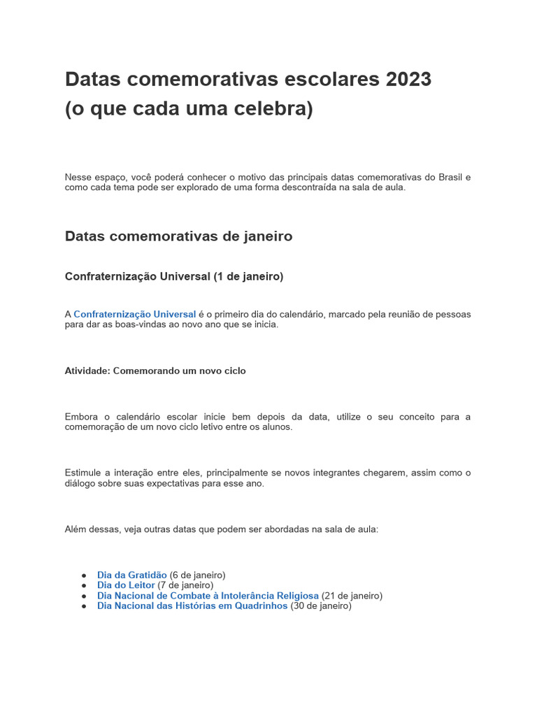 Datas Comemorativas Escolares 2023 | PDF | Brasil | Natal