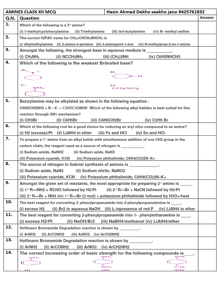 MCQ Xii Amines | PDF | Amine | Organic Compounds