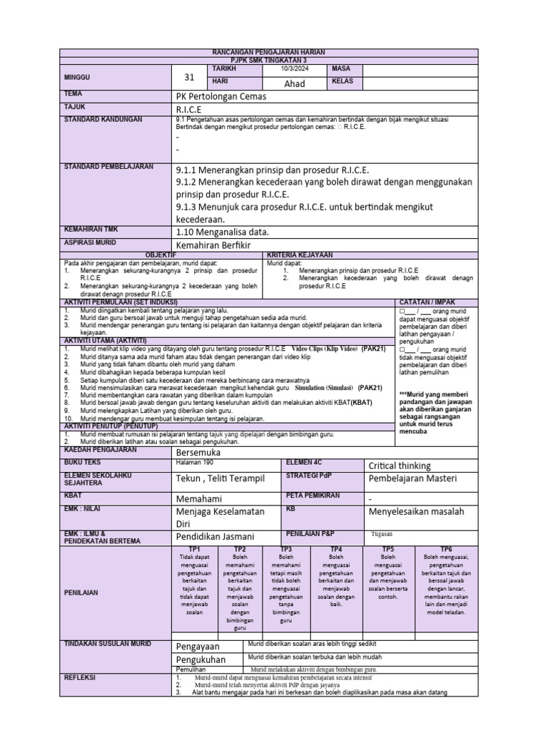 RPH SMK Minggu 31 PJPK Tingkatan 3 2024-2025 by Cikgu Gorgeous | PDF