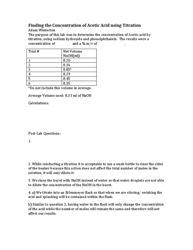 Acetic Acid Concentration Titration Lab | PDF