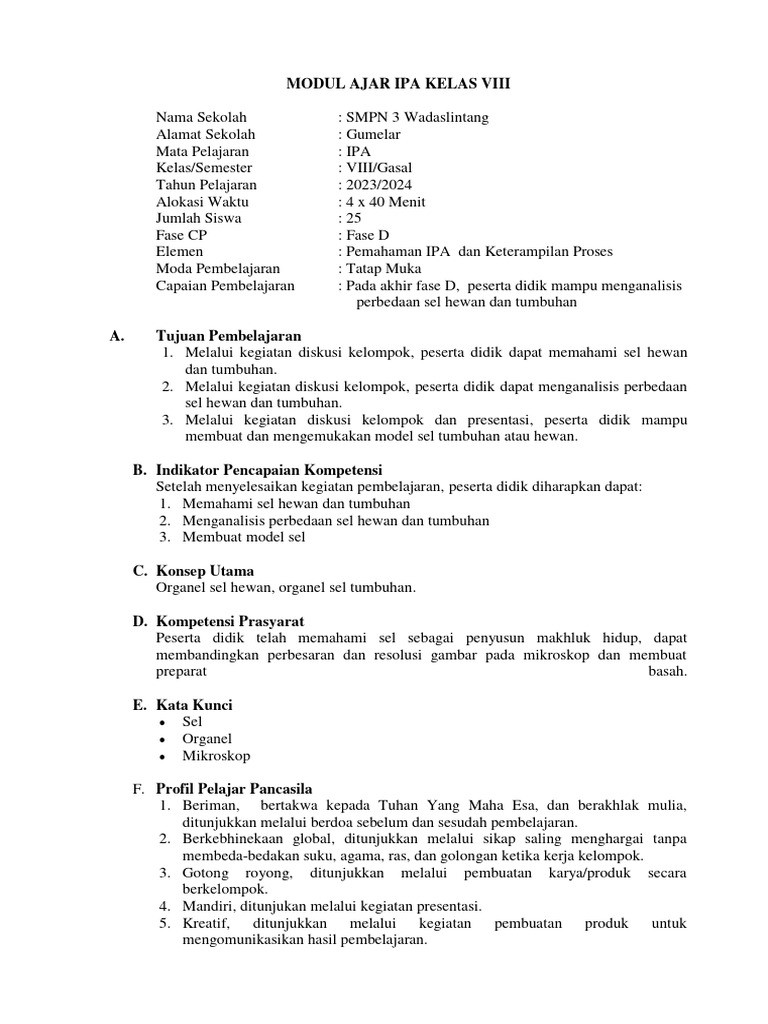Modul Ajar - Sel Hewan Dan Sel Tumbuhan | PDF | Karier & Perkembangan