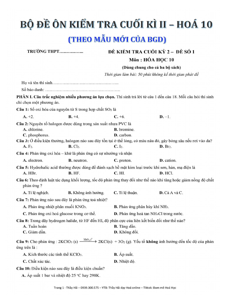 Bo de Kiem Tra Cuoi Ki 2 Hoa 10 Mau Moi | PDF