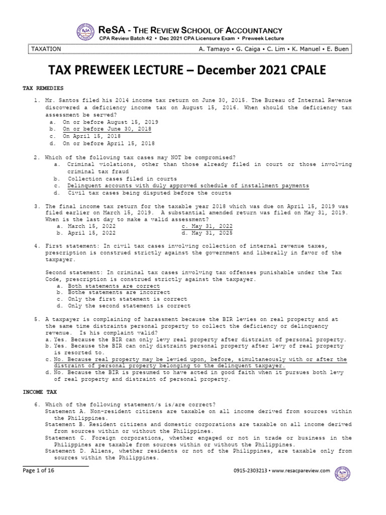 TAX Preweek Lecture (B42) - December 2021 CPALE | PDF | Value Added Tax | Taxes
