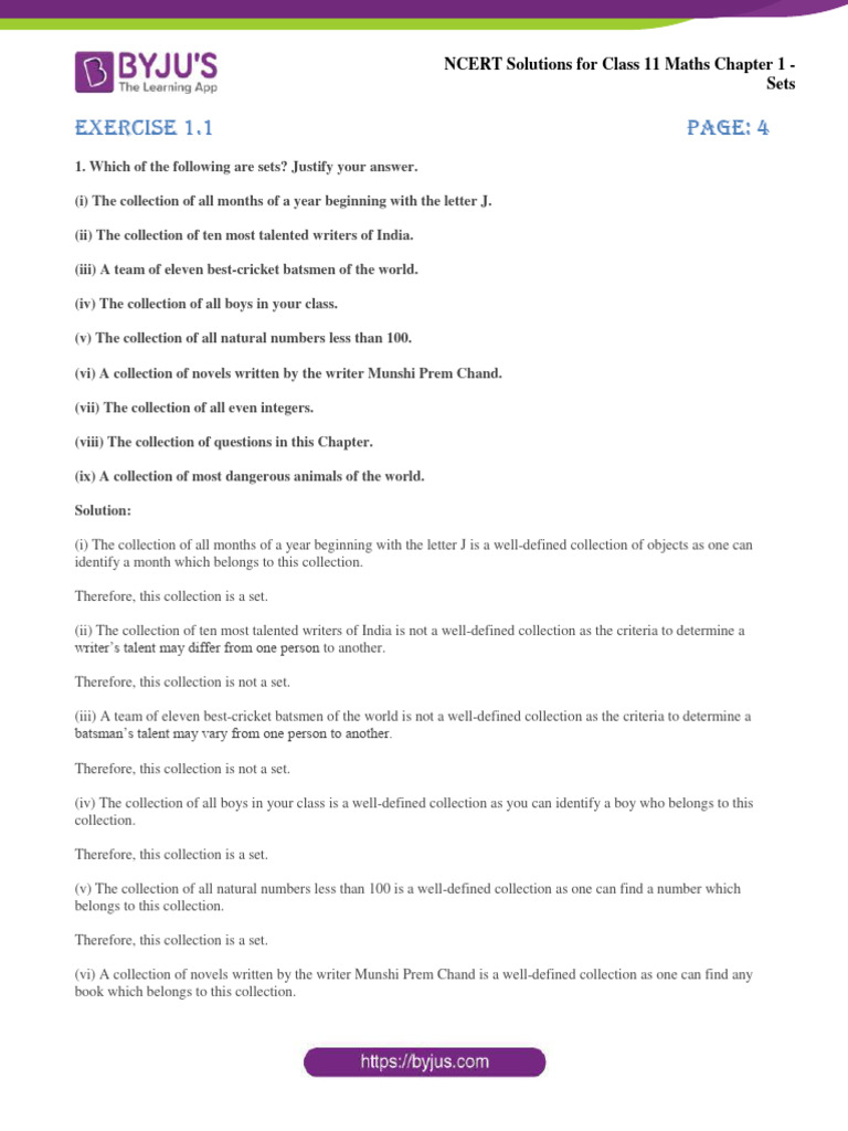 NCERT Solutions For Class 11 Maths Chapter 1 Sets Exercise 1.1 | PDF ...