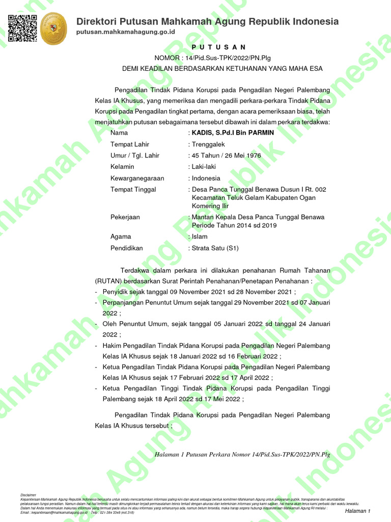 Putusan 14 Pid - Sus-Tpk 2022 PN PLG 20240112193503 | PDF