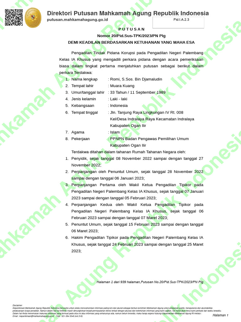 Putusan 20 Pid - Sus-Tpk 2023 PN PLG 20240113000805 | PDF