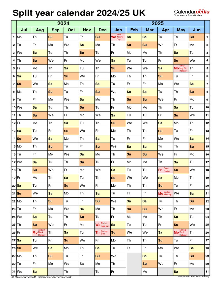 Split Year Calendar 2024 2025 Portrait 1 Page | PDF