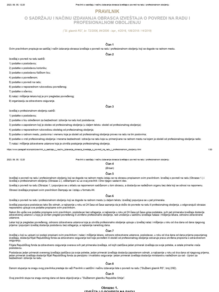 Pravilnik o Sadržaju I Načinu Izdavanja Obrasca Izveštaja o Povredi Na ...