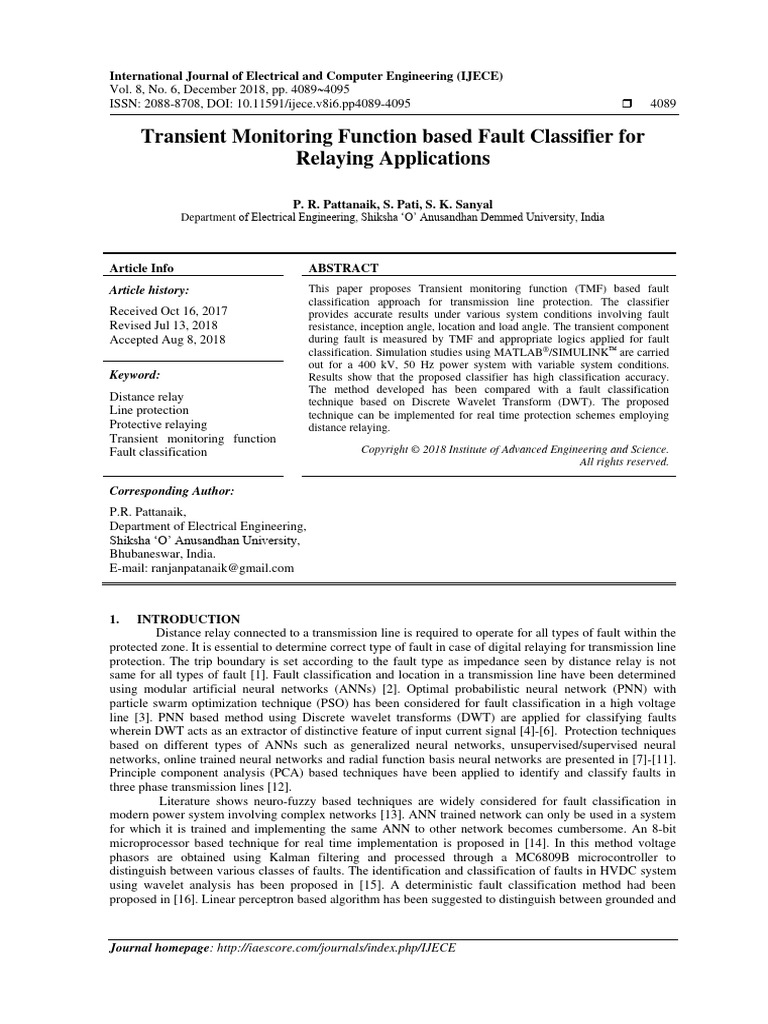 2018 - Transient Monitoring Function Based Fault Classifier For | PDF | Wavelet | Discrete ...