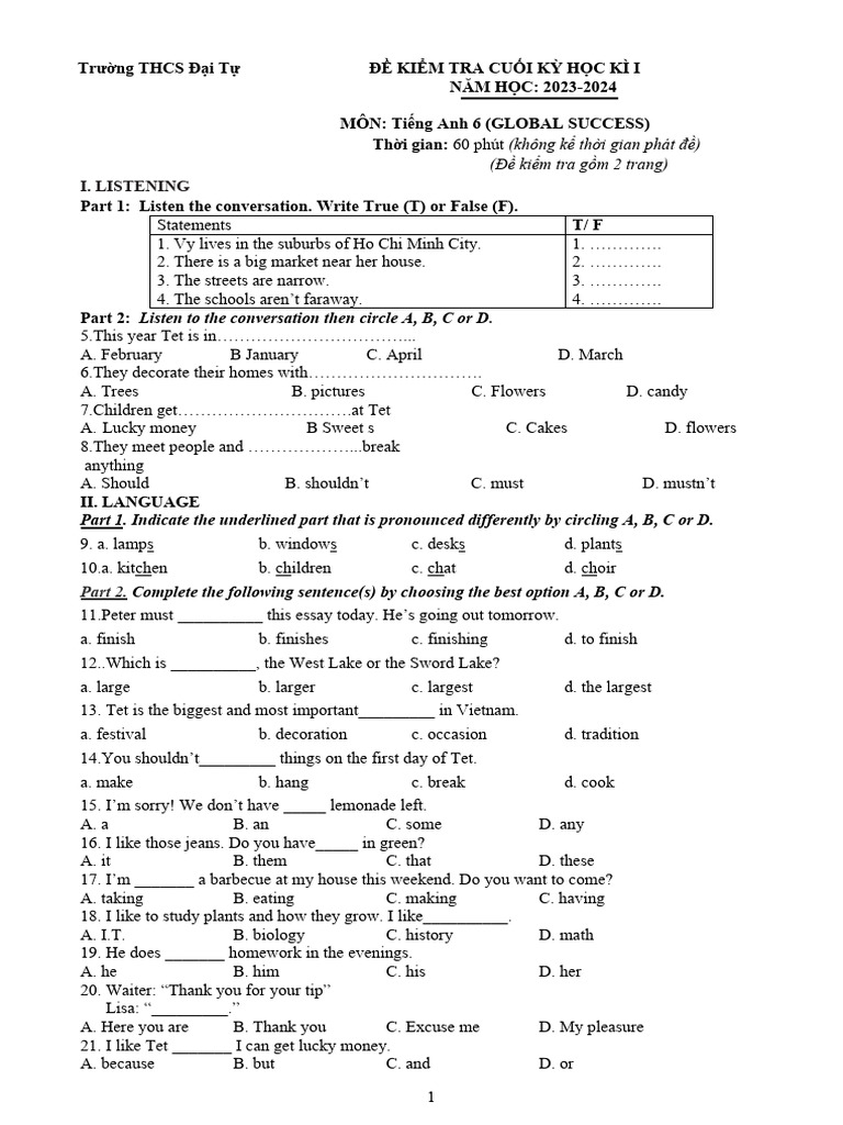 De Kiem Tra Cuoi Ki 1 Ta6 31120249 | PDF