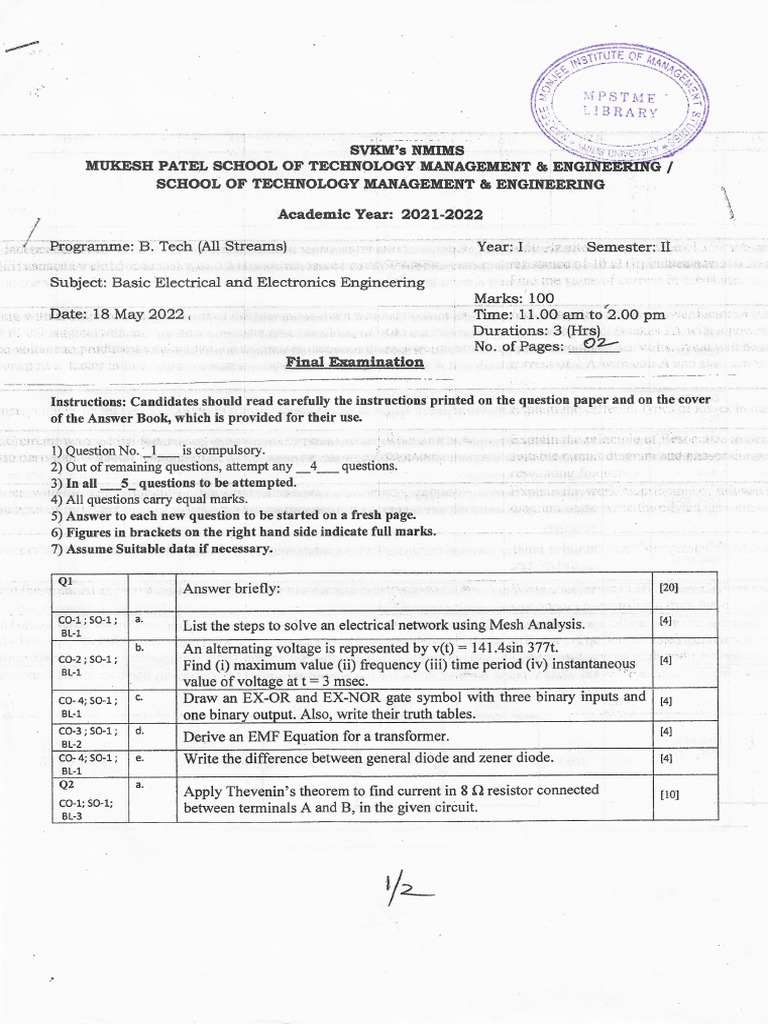Basic Electrical and Electronics Engineering Sem-II Final Exam A.Y. 2021-22 Kns1RSy9B1 | PDF