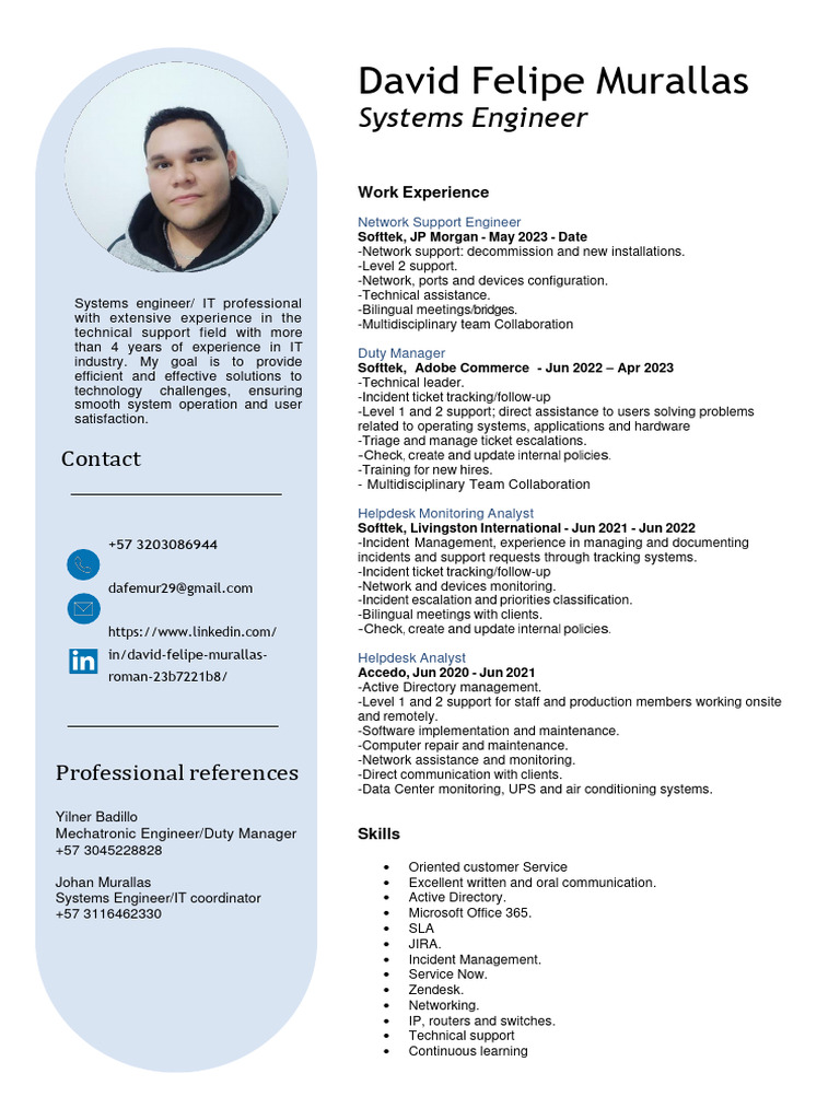 Curriculum - David Felipe Murallas Help Desk | PDF | Technical Support | Computer Network